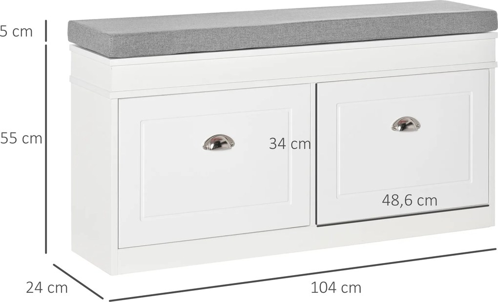 HOMCOM Botníková lavička pro 8 párů bot s 2 šuplíky, nastavitelnými policemi a polstrovaným sedákem do předsíně 104x24x55 cm Bílá