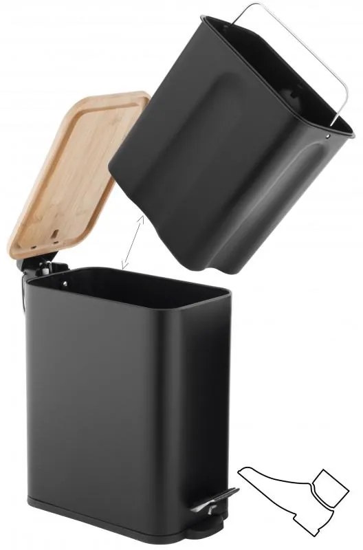 Erga Moby, obdélníkový odpadkový koš 5l na postavení, Soft-Close zavírání, černá matná-přírodní hnědá, ERG-YKA-CH.MOBY-5-BLK