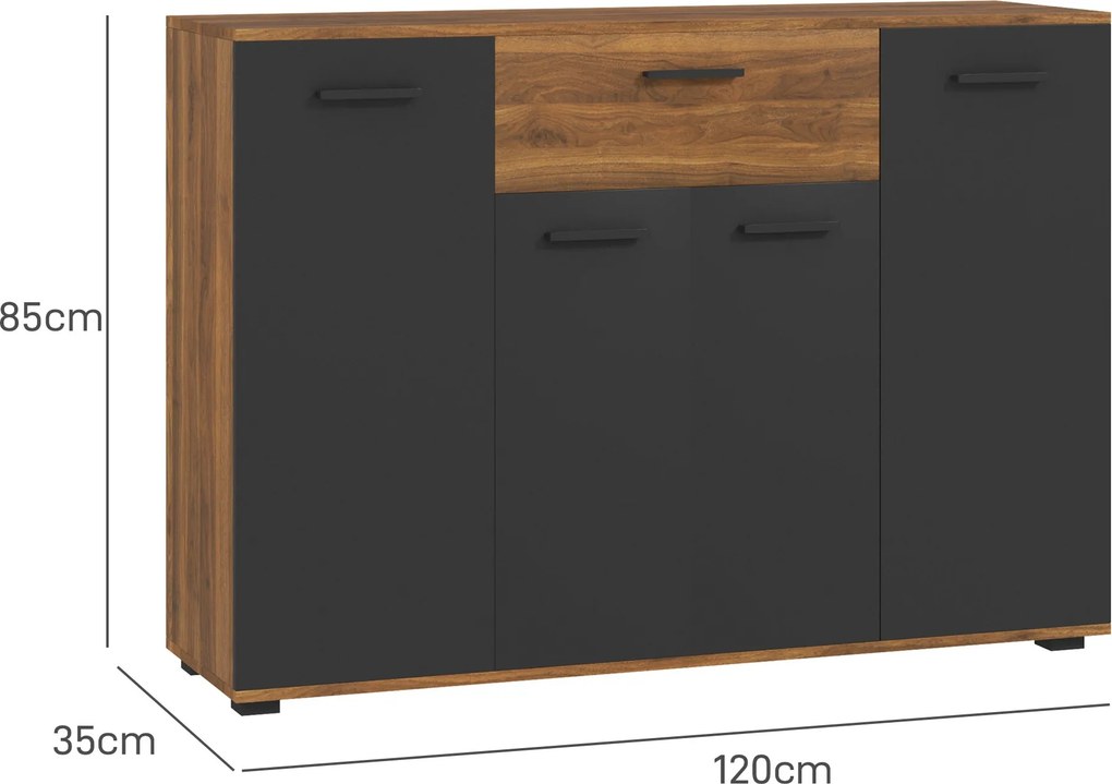 HOMCOM Hnědý a Černý Kufenický Úložný Kabinet s 4 Skříňkami, Zásuvkami a Nastavitelnými Policemi, Rozměry 120 x 35 x 85 cm
