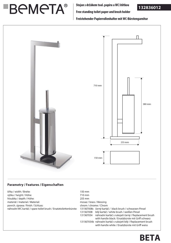 Bemeta Design BETA: Stojan s držákem toaletního papíru a WC štětkou -