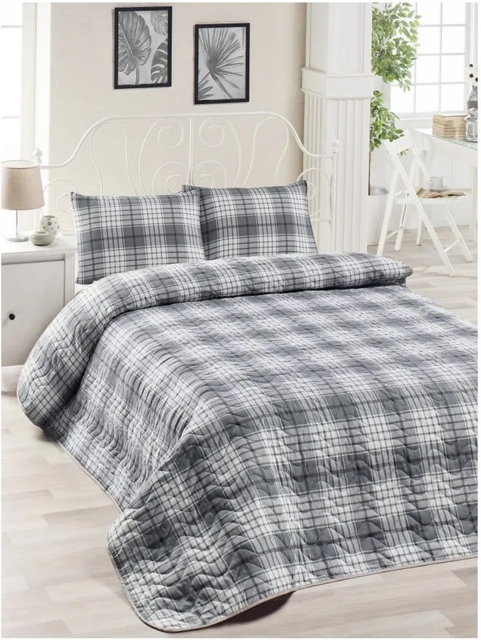 Set bavlněného šedého přehozu přes postel a 2 povlaků na polštáře Harro Mento, 200 x 220 cm