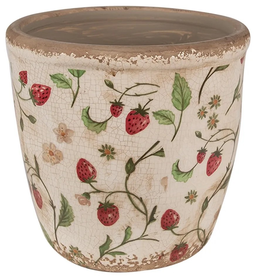 Béžový keramický obal na květináč s jahůdkami Wild Strawberries L - Ø 16*16 cm