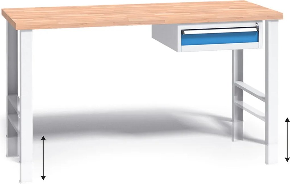 Výškově nastavitelný pracovní stůl do dílny G3 se závěsným boxem na nářadí, buková spárovka, 1 zásuvka, 1500 x 685 x 840 - 1050 mm, modrá