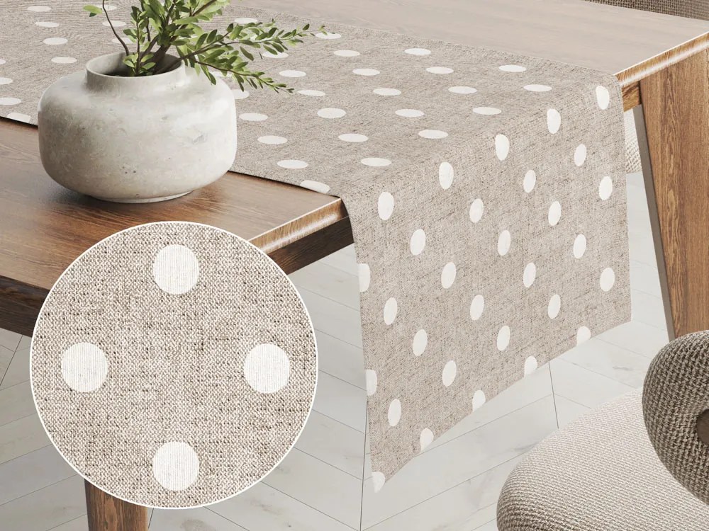 Biante Dekorační běhoun na stůl Porto PRT-019 Bílé puntíky na béžovém režném 35x140 cm