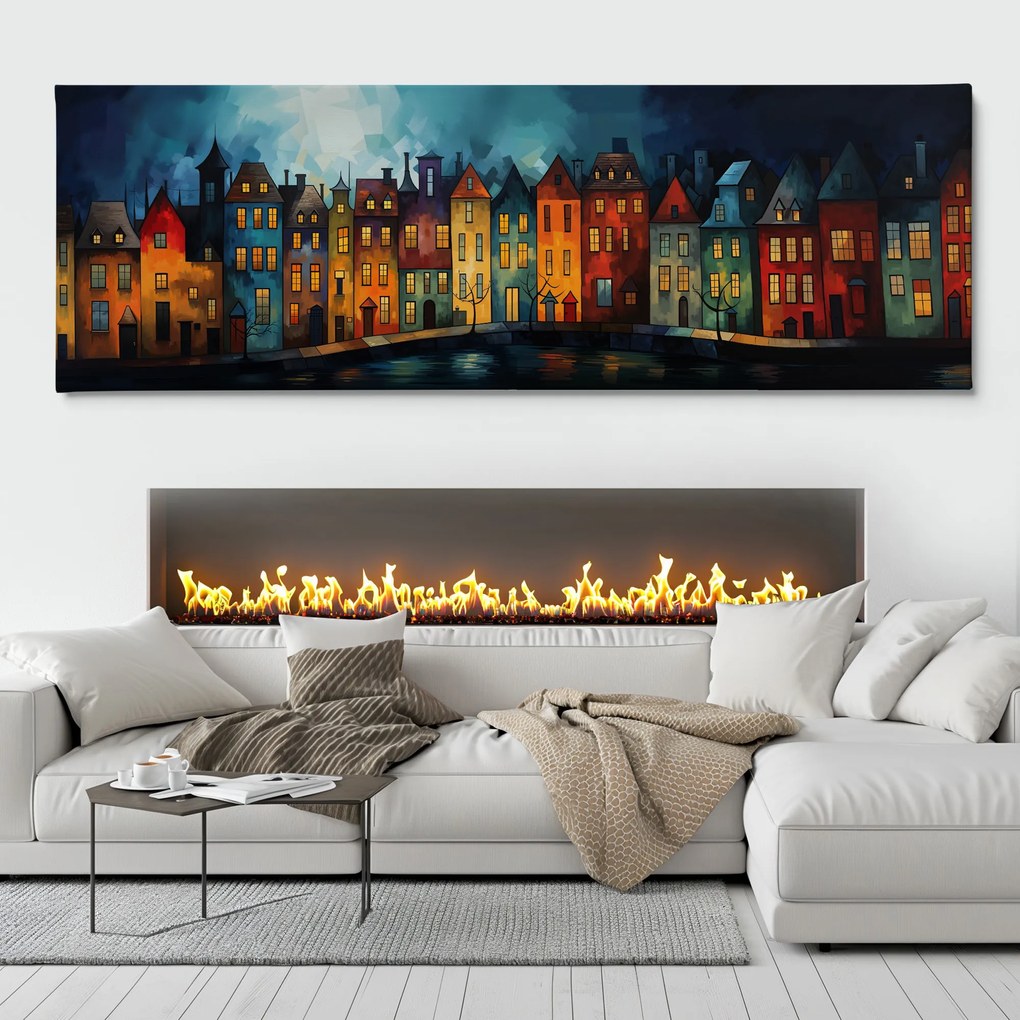 Obraz na plátně - Ulice v Lienes se svítícími domy FeelHappy.cz Velikost obrazu (šířka x výška): 270 x 90 cm