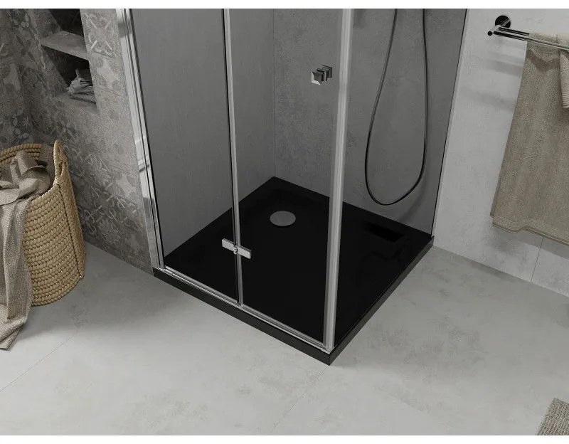 Mexen Lima, sprchový kout se skládacími dveřmi 80 (dveře) x 80 (stěna) cm, 6mm šedé sklo, chromový profil + slim sprchová vanička černá + chromový sifon, 856-080-080-01-40-4070