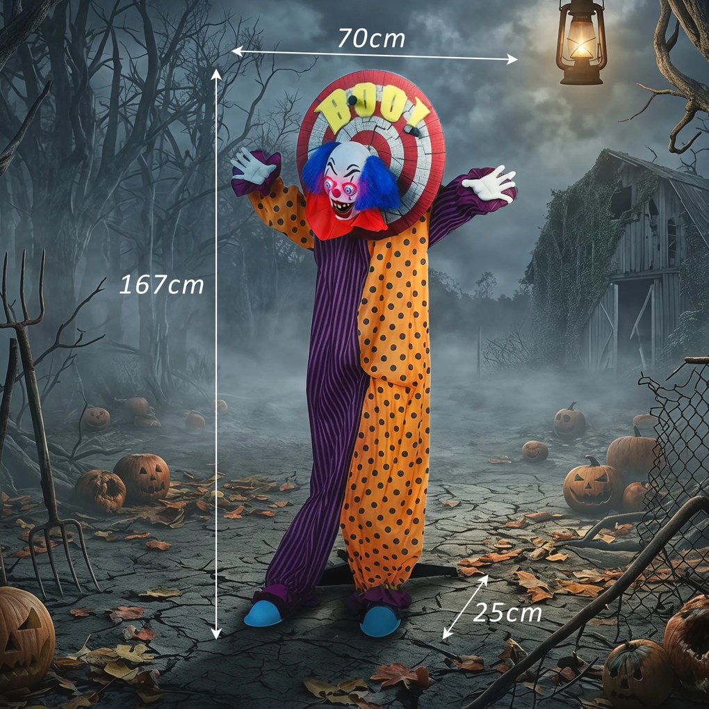 HOMCOM 167 cm životní velikost animovaná halloween klaun dekorace s aktivací zvukem a dotykem