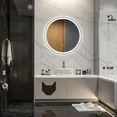 kleankin kulaté LED koupelnové zrcadlo Ø 70 cm, montáž na stěnu s osvětlením 3 barvy, dotykový spínač 23W, bílá/stříbrná