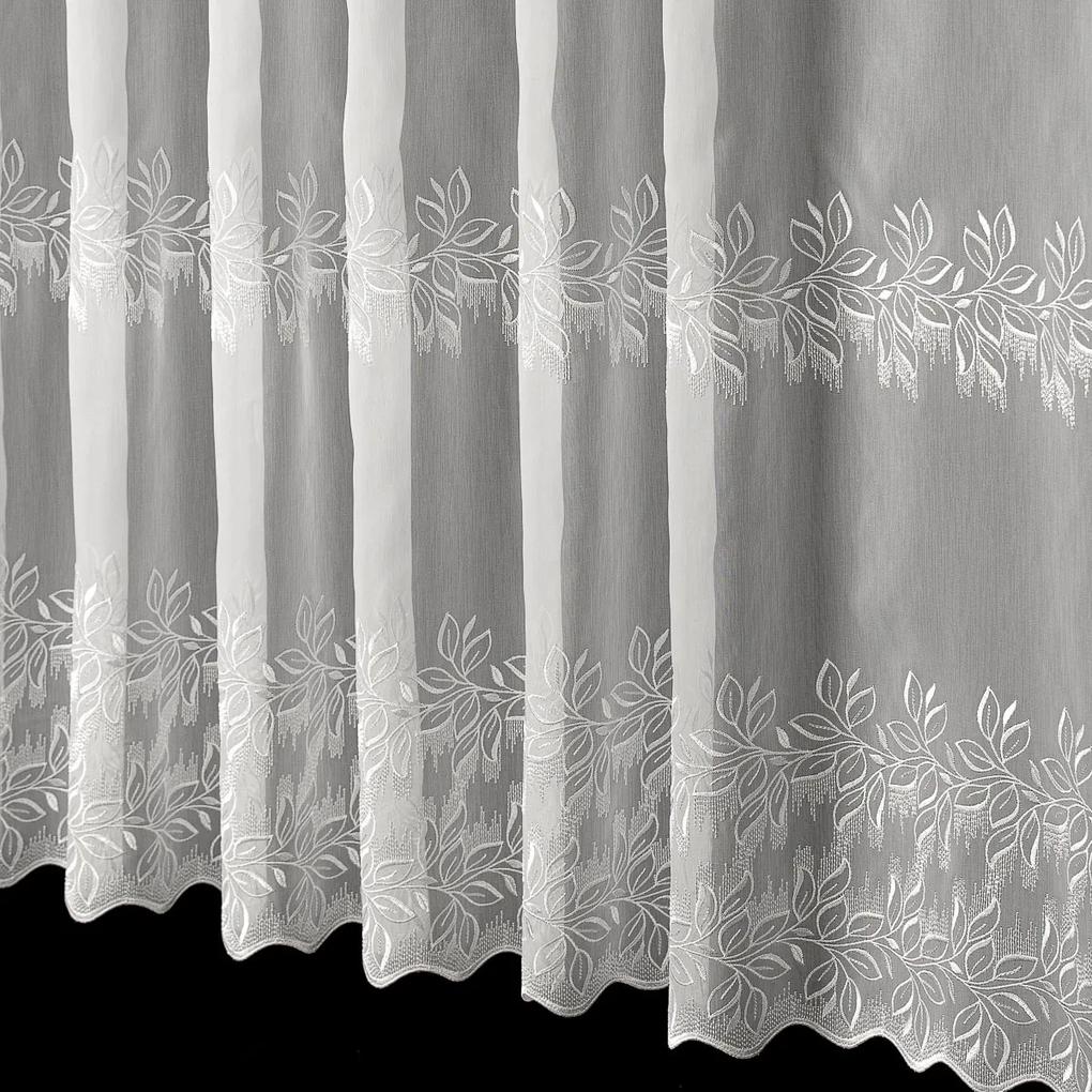 Českomoravská textilní záclona polyesterový batist V407 vyšívané listy, s bordurou, bílá, výška 160cm (v metráži)