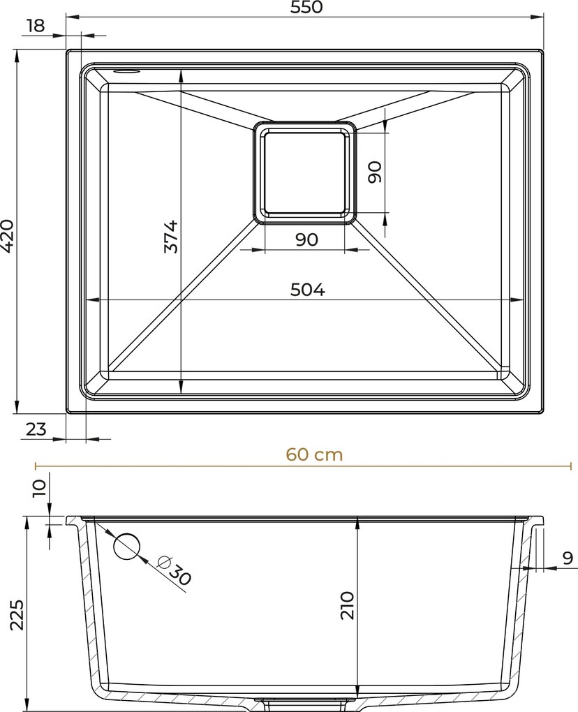 Sink Quality Argon 60, kuchyňský granitový dřez 550x420x225 mm + chromový sifon, černá, SKQ-ARG.C.1KBO.60.X