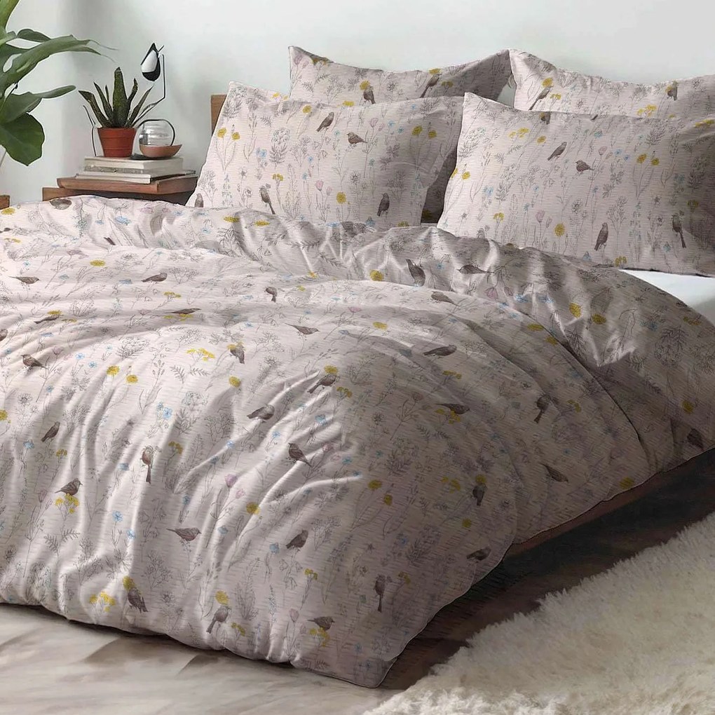 Krepové prodloužené povlečení Ptáčci v kvítí - smetanové Velikost: 140 x 220 + 70 x 90