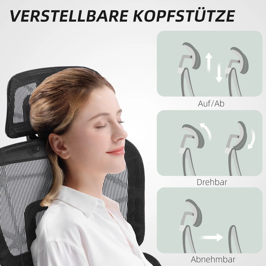 HOMCOM Ergonomická kancelářská židle s opěrkami, opěrkou hlavy, bederní oporou, výškově nastavitelná, otočná židle s funkcí houpání, sklopným mechani…