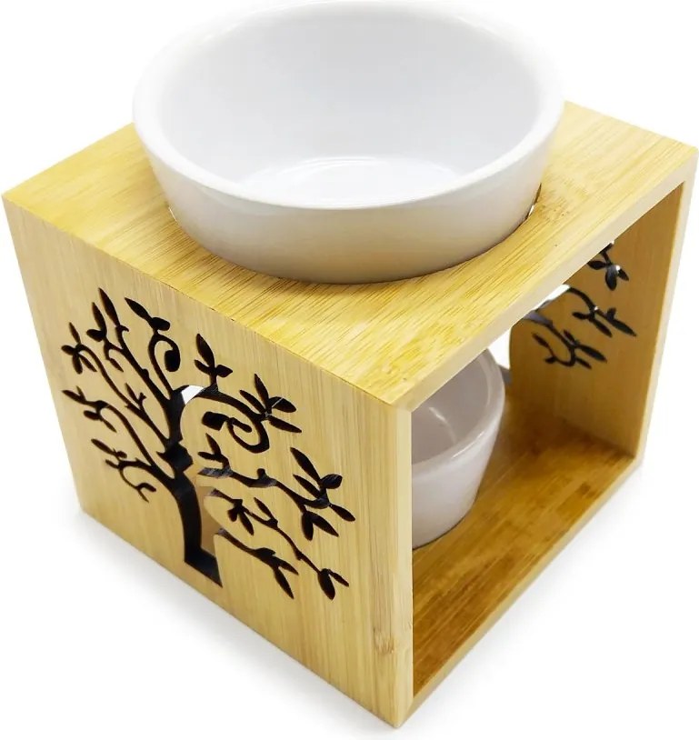 Klasická aromalampa Strom života – bílá, dřevo a porcelán, na vosky i oleje