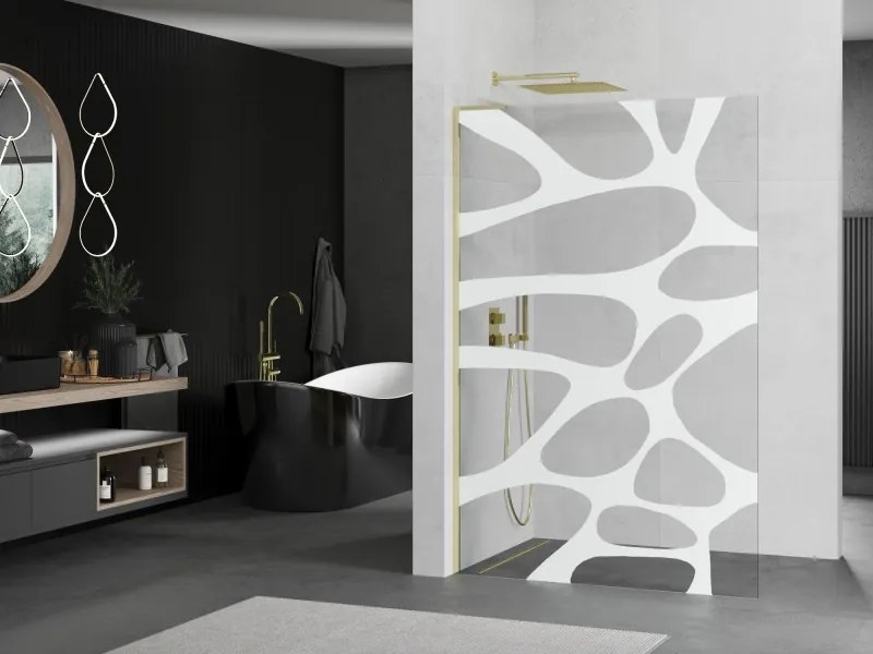 Mexen Kioto L, sprchová zástěna Walk-In 110 x 200 cm, 8mm čiré sklo bílý vzor, zlatý lesklý profil, 800-110-103-50-97