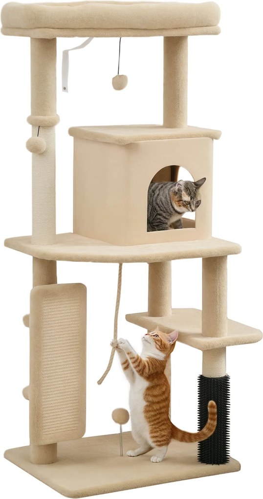 PawHut Kočičí škrabadlo výška 132 cm, kočičí věž s plošinami, sloupkem, kartáčem, závěsnými míčky a škrabacím polštářem béžová | Aosom