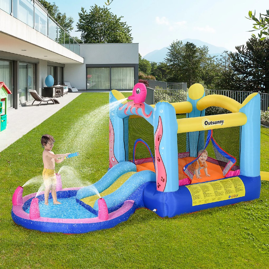 Outsunny samonafukovací skákací hrad včetně fukaru, záplat, 1 trampolíny, 1 vodního bazénu, 1 skluzavky, 360 x 175 x 180 cm