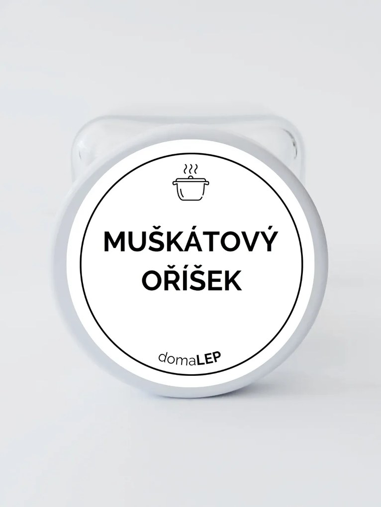 Samolepka na kořenky MUŠKÁTOVÝ OŘÍŠEK bílá 5 cm tučné písmo