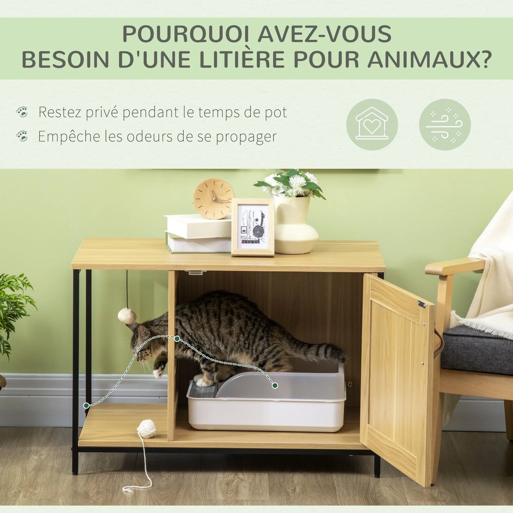PawHut Kočka Toaletní Dům Kabinet pro Kočičí WC Průmyslový Styl Boční Vstup s Visící Kuličkou Ocelová Konstrukce Světlý Vzhled Dřeva | Aosom