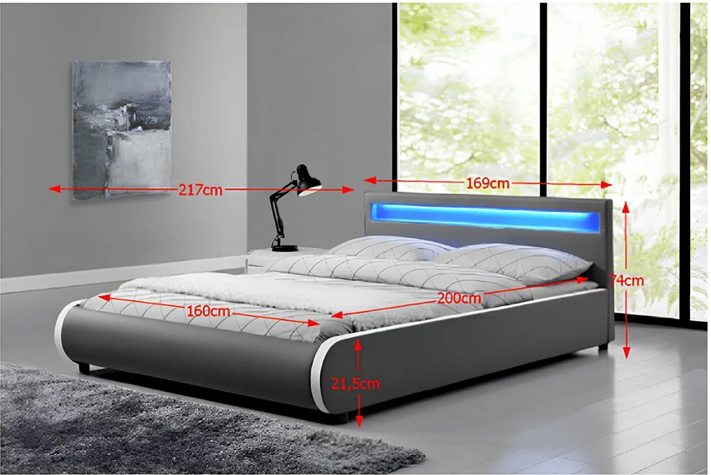 Manželská postel s RGB LED osvětlení,, šedá ekokůže, 160x200, DULCEA