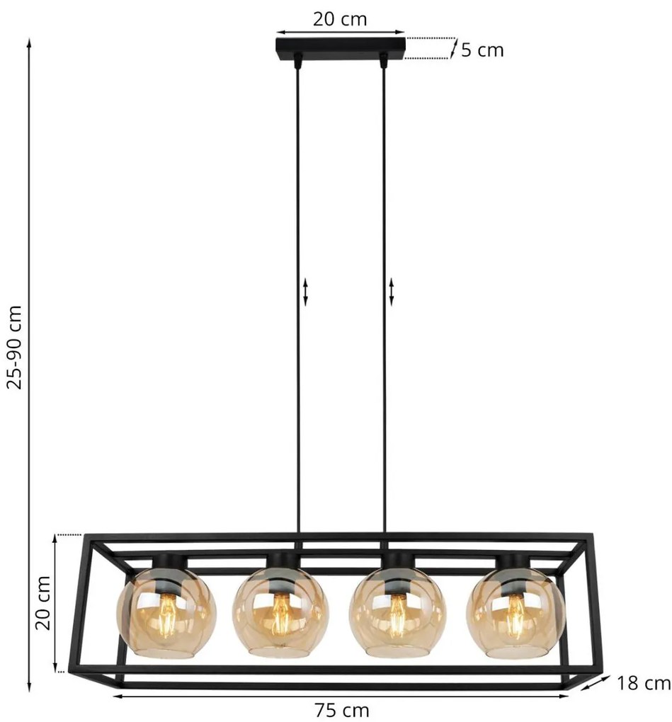 Závěsné svítidlo Haga Cage, 4x medové skleněné stínítko v kovovém rámu