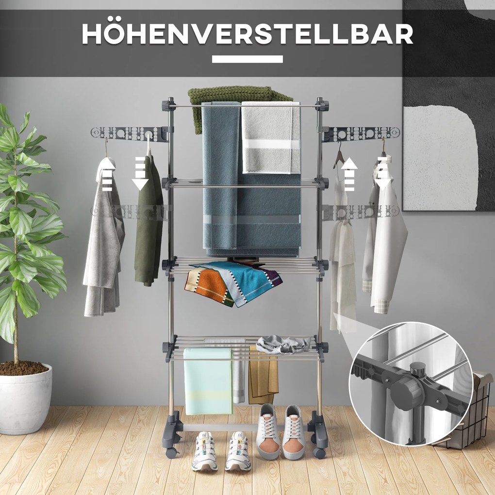 HOMCOM Sušák na prádlo s kolečky Sušák na prádlo, stojanový sušák se skládacím křídlem, věž na prádlo pro vnitřní i venkovní použití, ocel