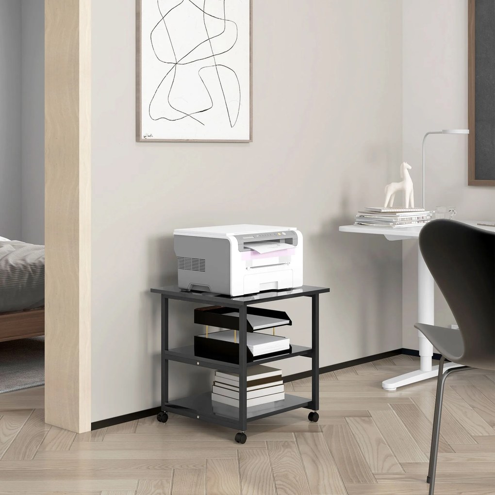 HOMCOM Stojan na tiskárnu a úložný vozík 3 úrovně s kolečky 50 x 50 x 52,5 cm Černý | Aosom