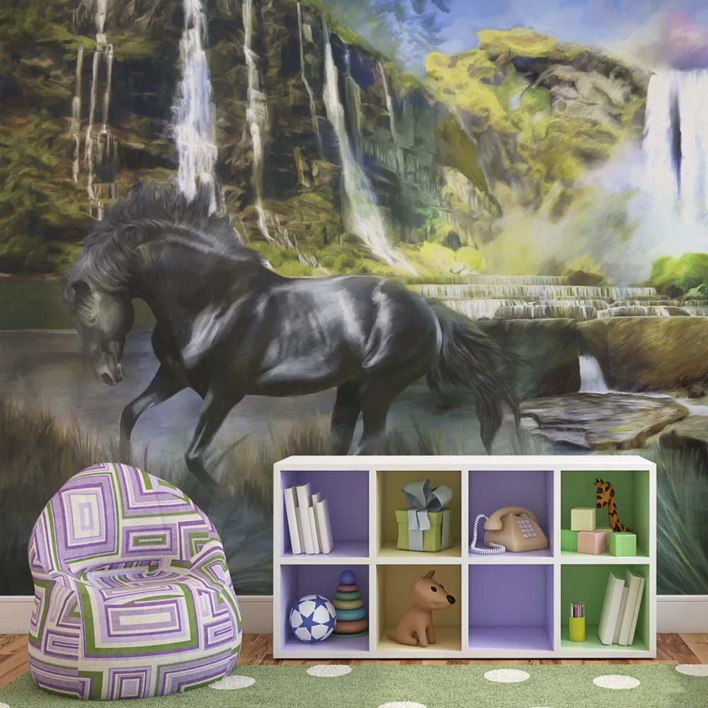 Fototapeta - Horse on the background of sky-blue waterfall