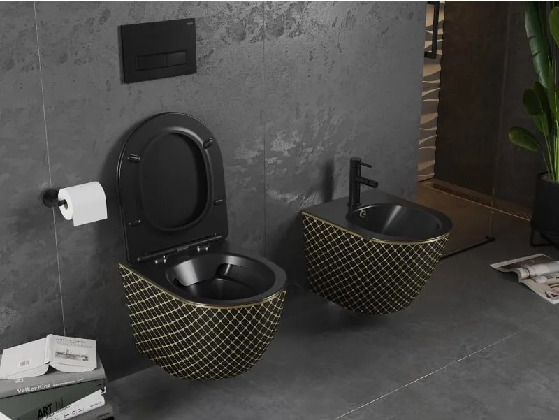 Mexen Lena WC mísa Rimless se záchodovým prkénkem s pomalým sklápěním slim, duroplast, černá mat/zlatý vzor mřížka
