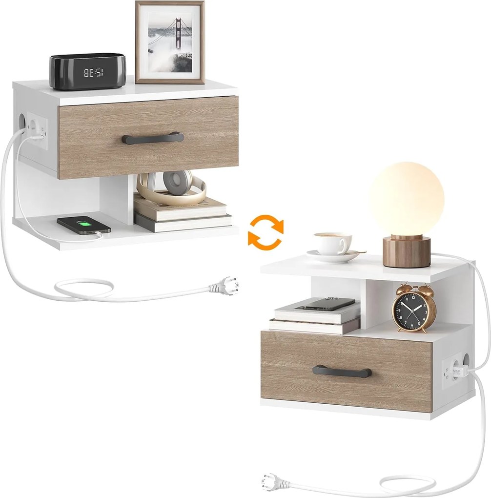 Závěsný noční stolek Verimi s nabíjecí stanicí 38 cm bílý/hnědý