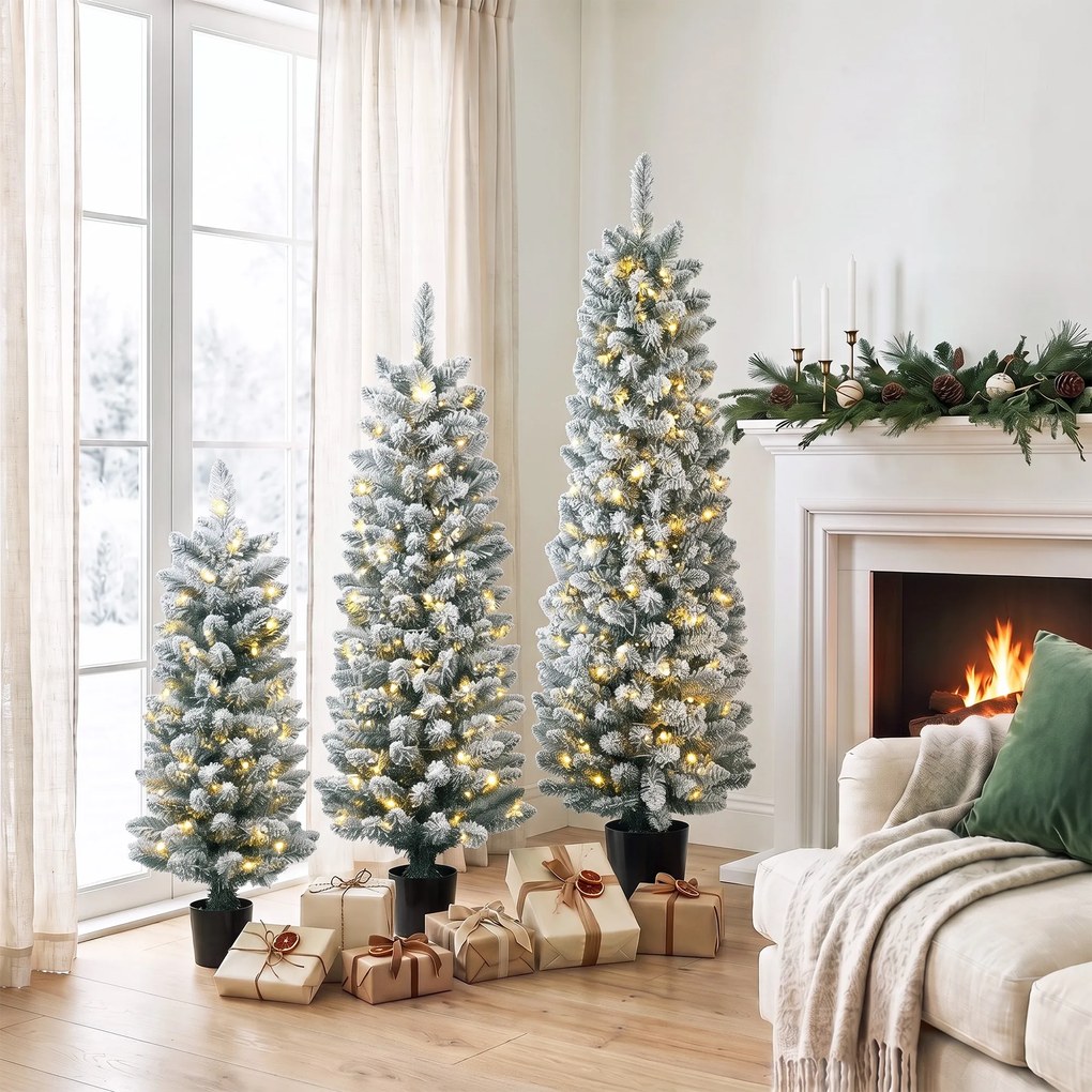 HOMCOM Sada 3 ks sněhem pokrytých LED vánočních stromků, úzké, s PVC větvemi, 90/120/150 cm