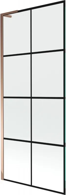 Mexen Next L, 1-křídlová vanová zástěna 80 x 150 cm, 6mm čiré sklo-černý vzor, ​​růžové zlato profil, 895-080-000-03-77-60