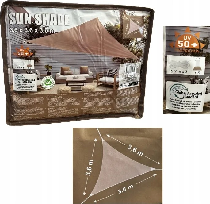 Sluneční clona zahradní plachta Sun Shade 3,6 x 3,6 x 3,6 m béžová