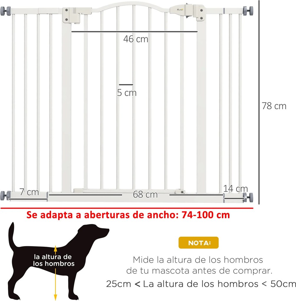 Rozšiřitelná bezpečnostní brána pro psy PawHut 74-100 cm pro dveře a schody s 2 rozšířeními 7/14 cm a dvojitým zámkem Bílá
