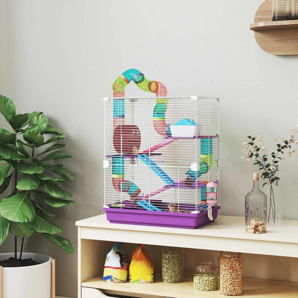 Klec pro křečky PawHut, 4 úrovně s tunely, krmítkem, kolem, domkem a žebříky, rozměry 46D x 30Š x 58V cm, fialová