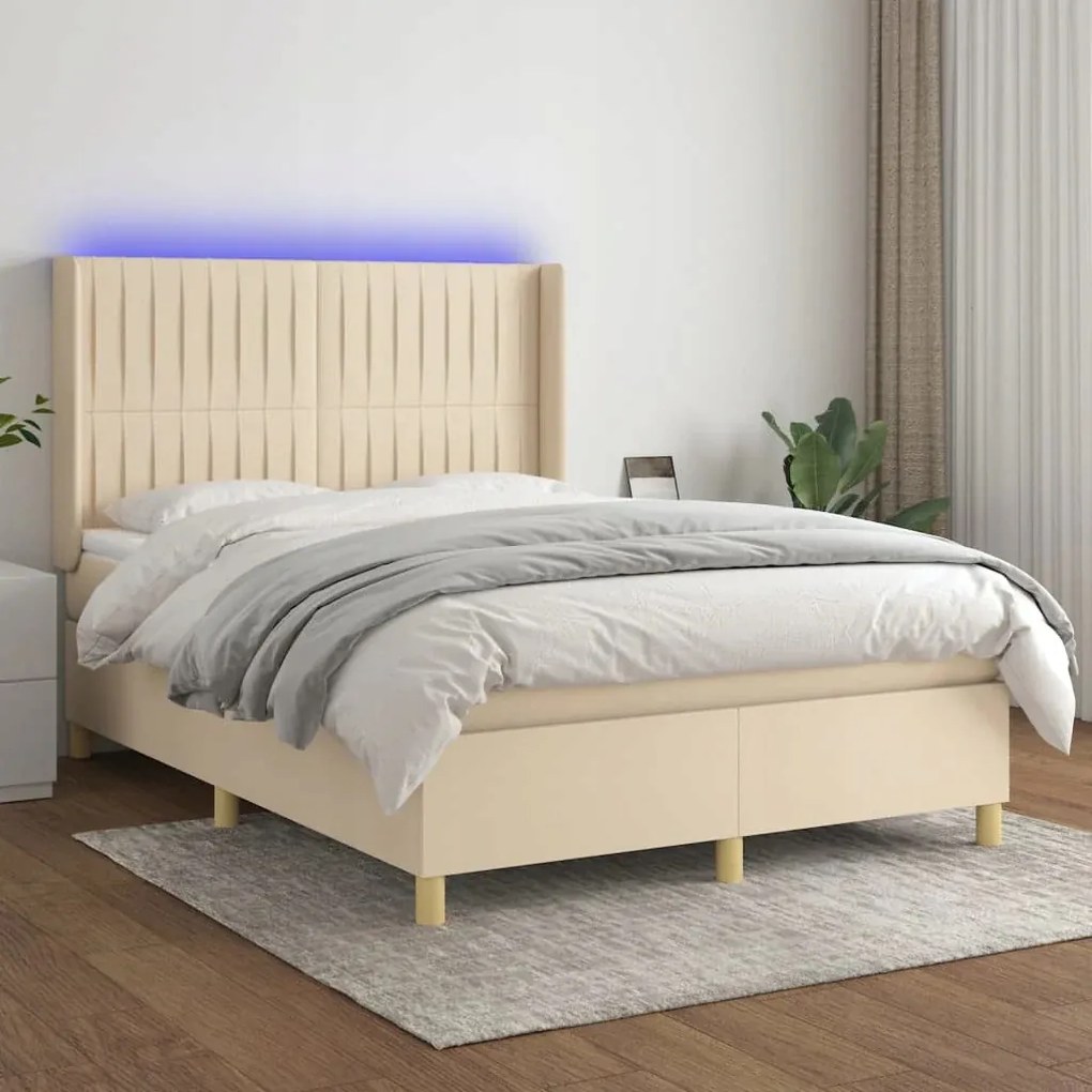 Box Spring Postel S Matrací A Led Textil Krémová Svislé pruhy 140 x 190 c