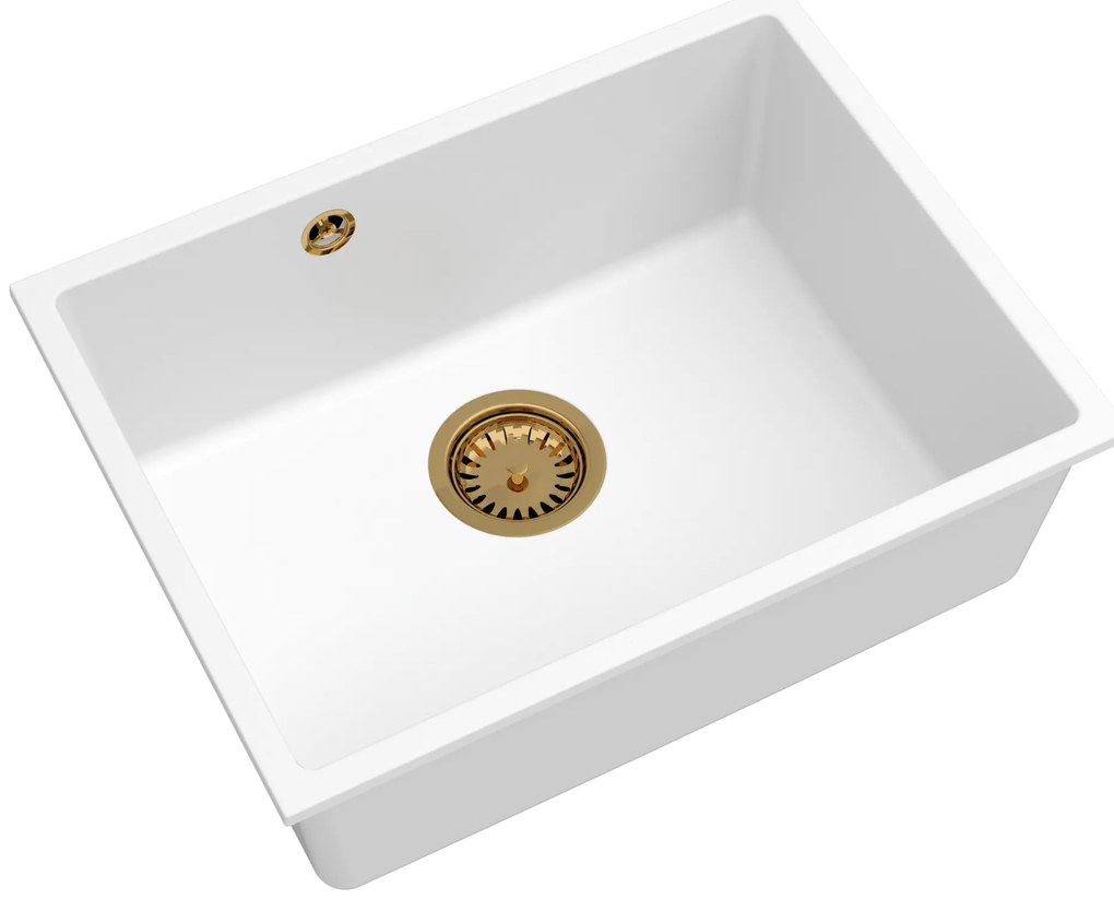 Sink Quality Crypton 60, kuchyňský granitový dřez 535x400x205 mm + zlatý sifon, bílá, SKQ-CRY.W.1KBO.60.XG