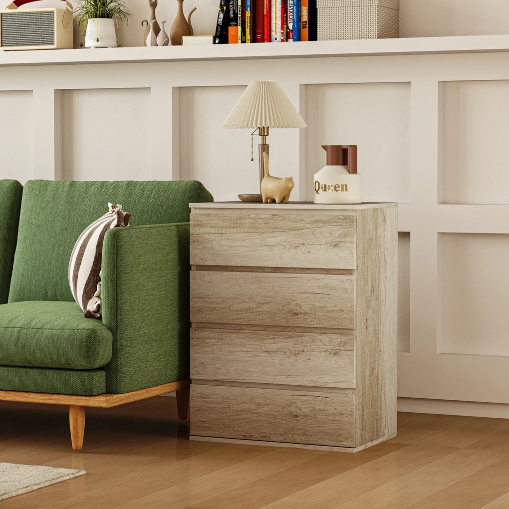 HOMCOM Skříňka se 4 zásuvkami, Moderní úložný kabinet pro ložnici s mechanismem měkkého zavírání – 60 x 40 x 80 cm, Přirodní dřevo