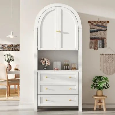 Aosom Vysoká oblouková úložná skříň s 3 zásuvkami, dveřmi a otevřeným výstavním prostorem, pro kuchyň a obývací pokoj, 70 x 35 x 180 cm, bílá