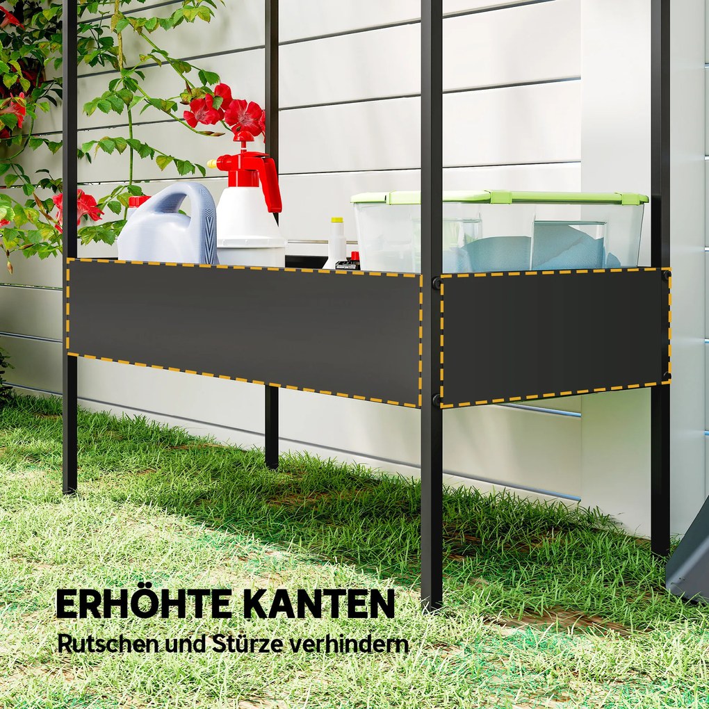 Outsunny Stojan na květiny 2 patra, kovový regál ve tvaru domu, 150 cm, s háčkem, černý