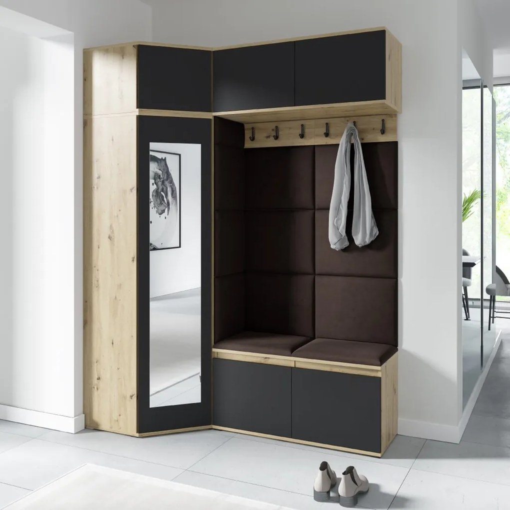 Eka Předsíňová stěna s čalouněnými panely Trinity 38 - Dub Artisan s černou / Tmavá hnědá 2308