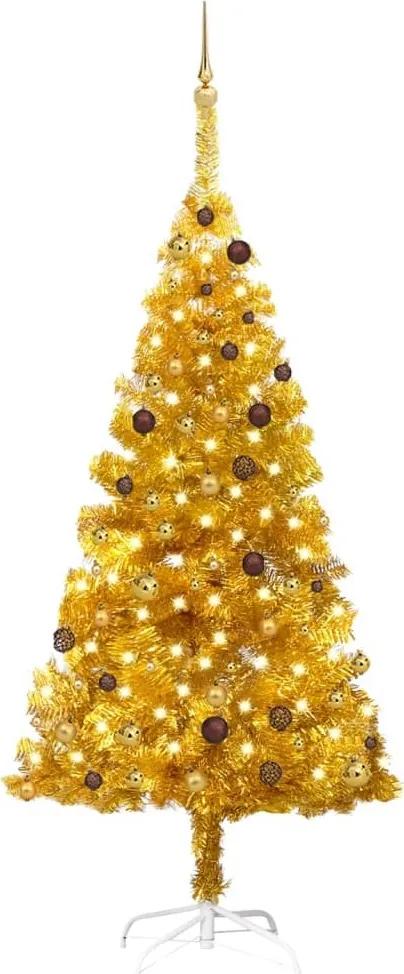 vidaXL Umělý vánoční stromek s LED a sadou koulí 210 cm PET [3077510] Barva: Růžová a zlatá