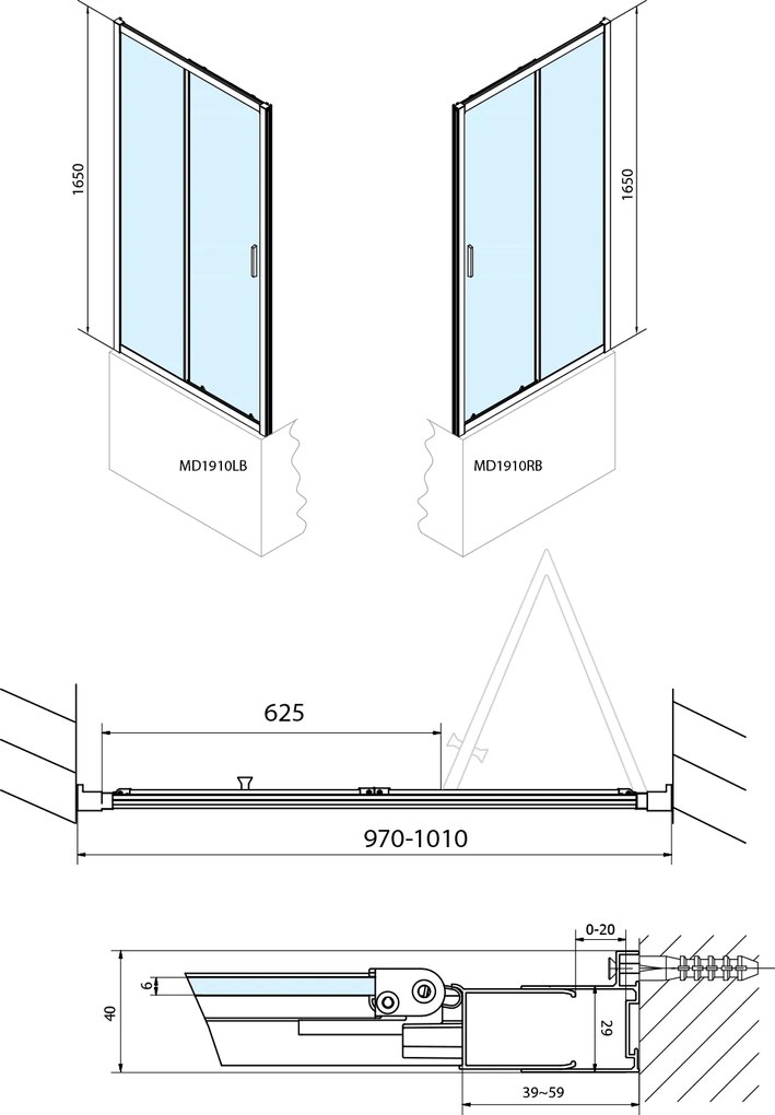 Polysan Deep Black sprchové dveře do niky 100 x 165 cm skládací černá čiré sklo MD1910B