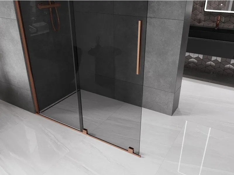 Mexen Velar, sprchová zástěna s posuvnými dveřmi Walk-in 160 x 200 cm, 8mm šedé sklo, růžové zlato, 871-160-000-43-60