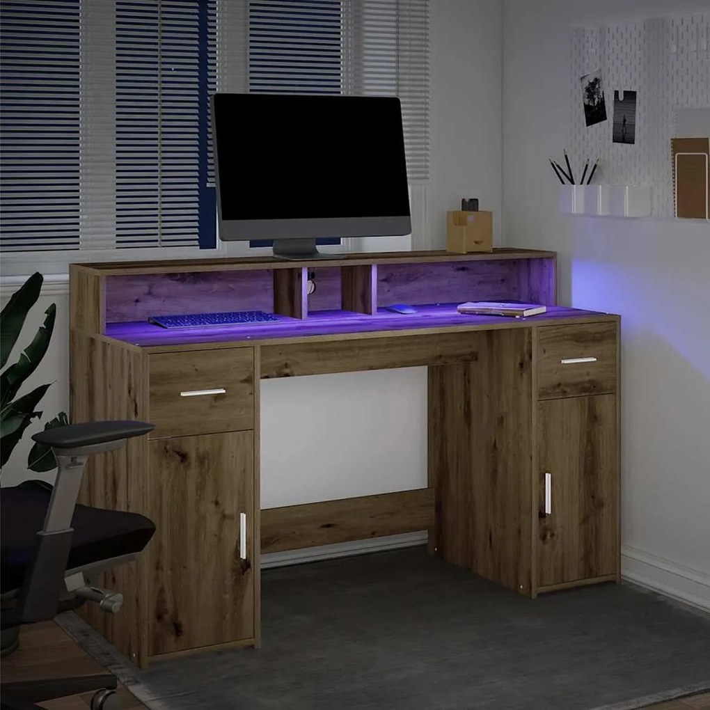 Psací stůl s LED dub artisan 140 x 55 x 91 cm kompozitní dřevo 3309428