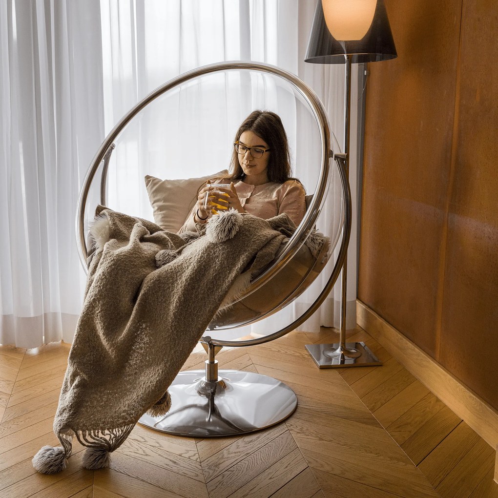 Závesné kreslo so stojanom, transparentná/strieborná/sivá, BUBBLE NEW TYP 2