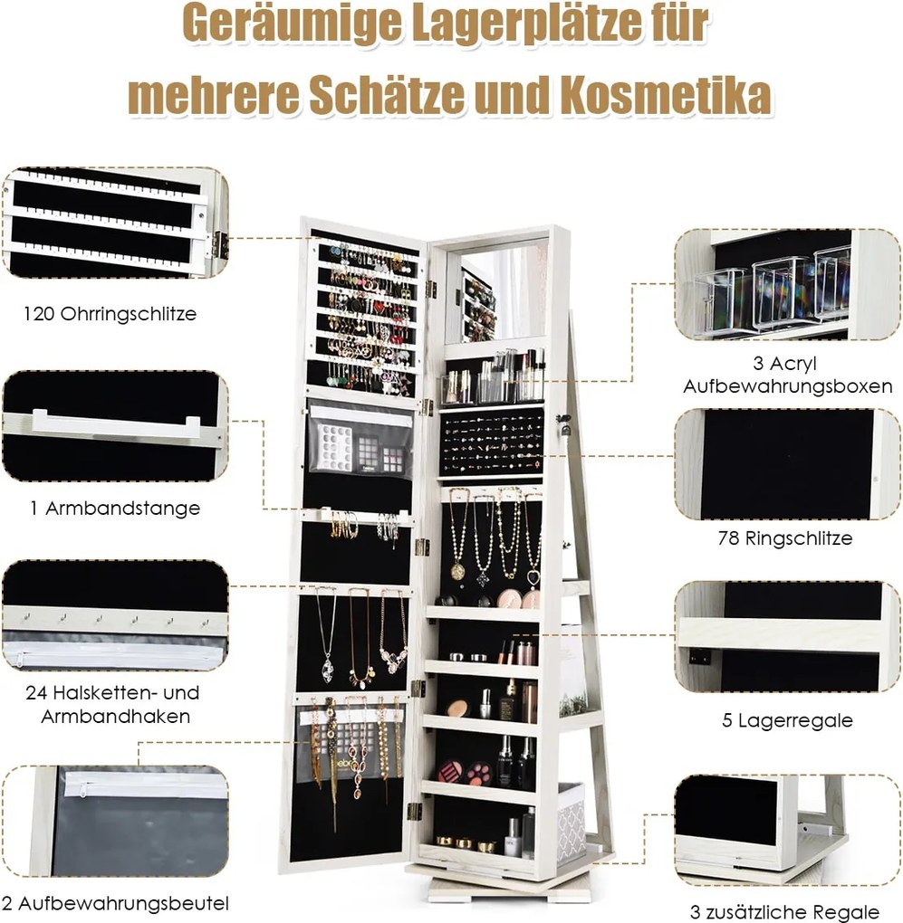 Costway Um 360° otočná šperkovnice 2 v 1 Skříňka na šperky – 39 × 39 × 161 cm