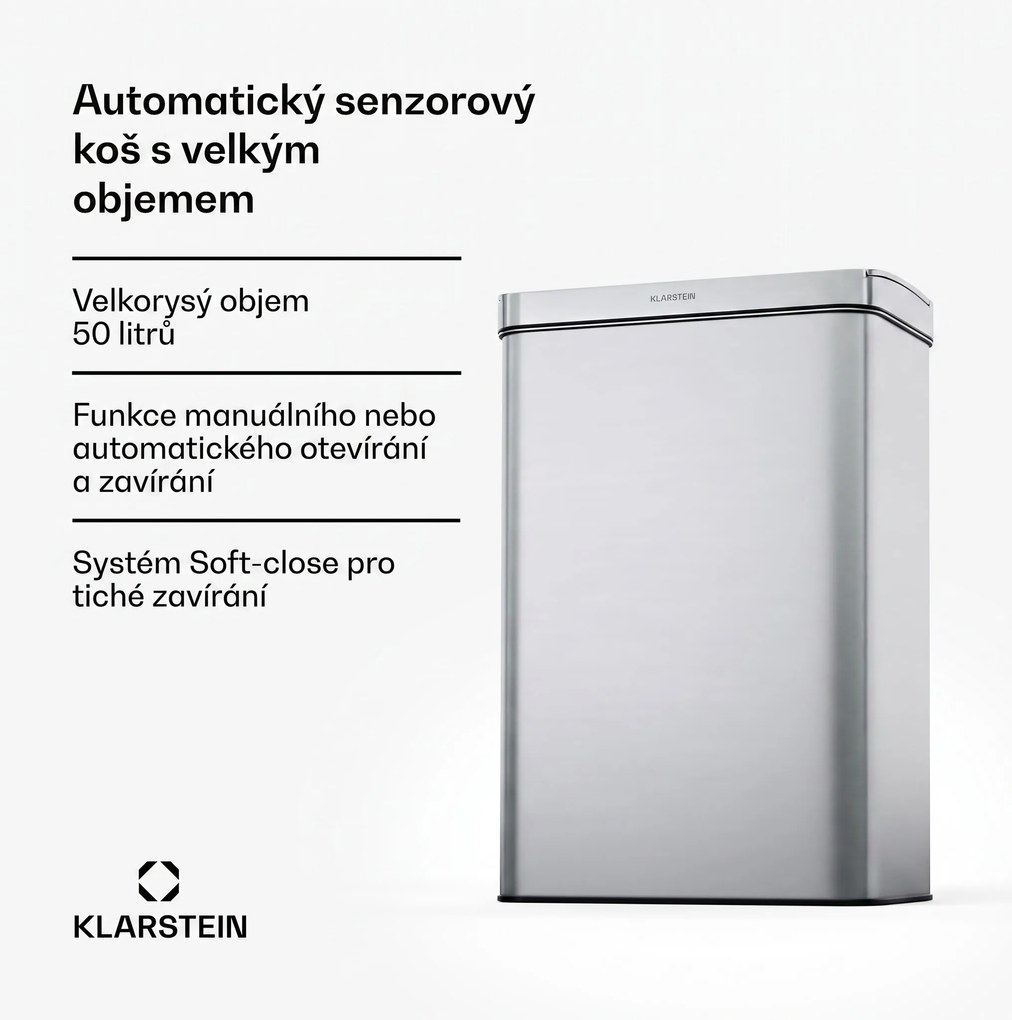 Klarstein Touchless, senzorový odpadkový koš, 50 l, z nerezavějící oceli, Soft-Close zavírání, napájen baterií, LED displej, časovač