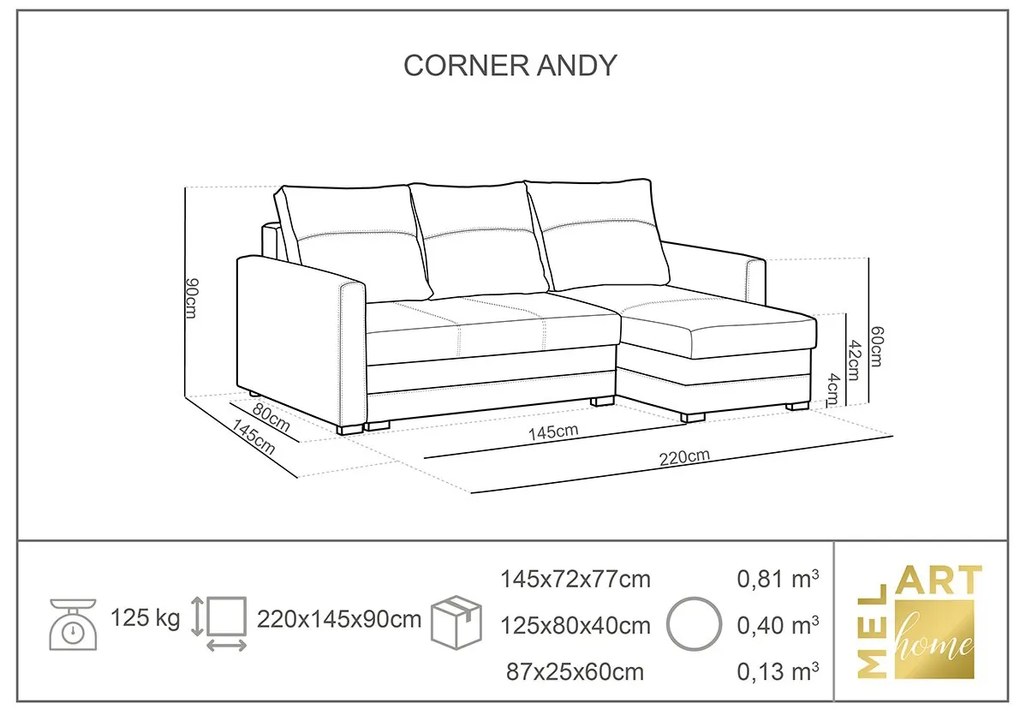 MELART Trojmístná rohová rozkládací pohovka s úložným prostorem Andy levý i pravý roh