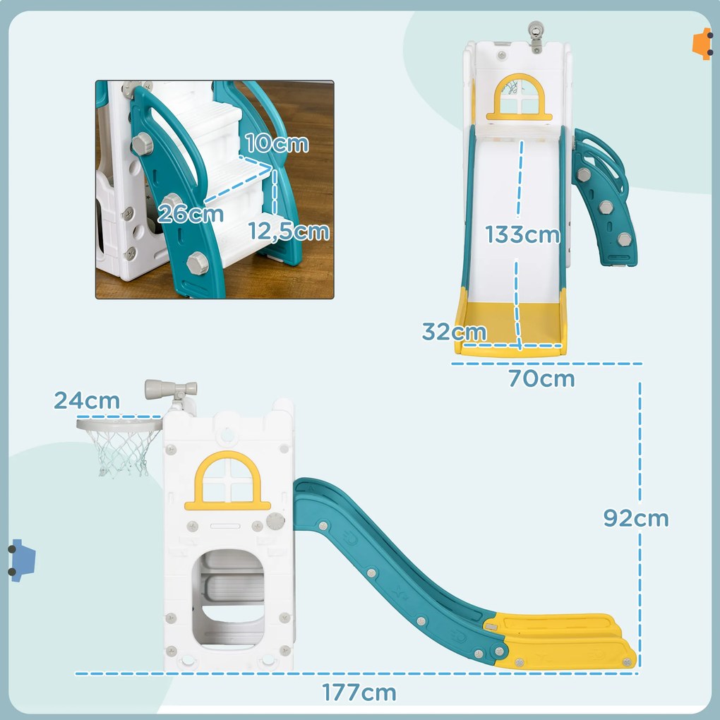 Dětská skluzavka, 5 v 1, skluzavka pro batolata s basketbalovým košem, teleskopická prolézačka žlutá 70 x 177 x 92 cm