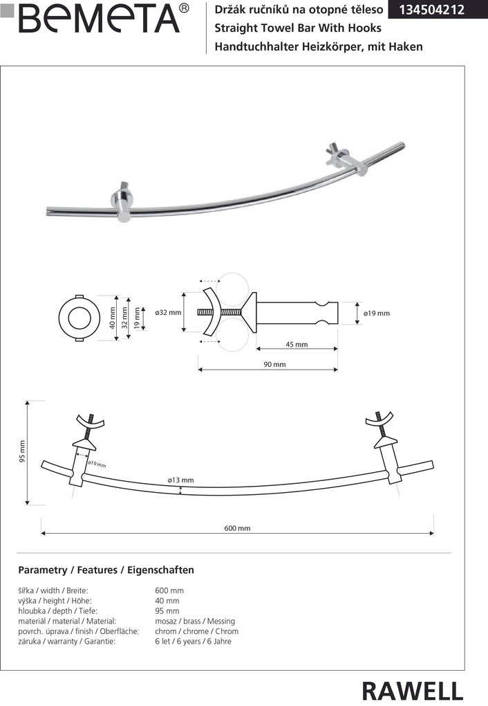 Bemeta Design RAWELL: Držák ručníků na topné těleso, 600 mm, lesk -
